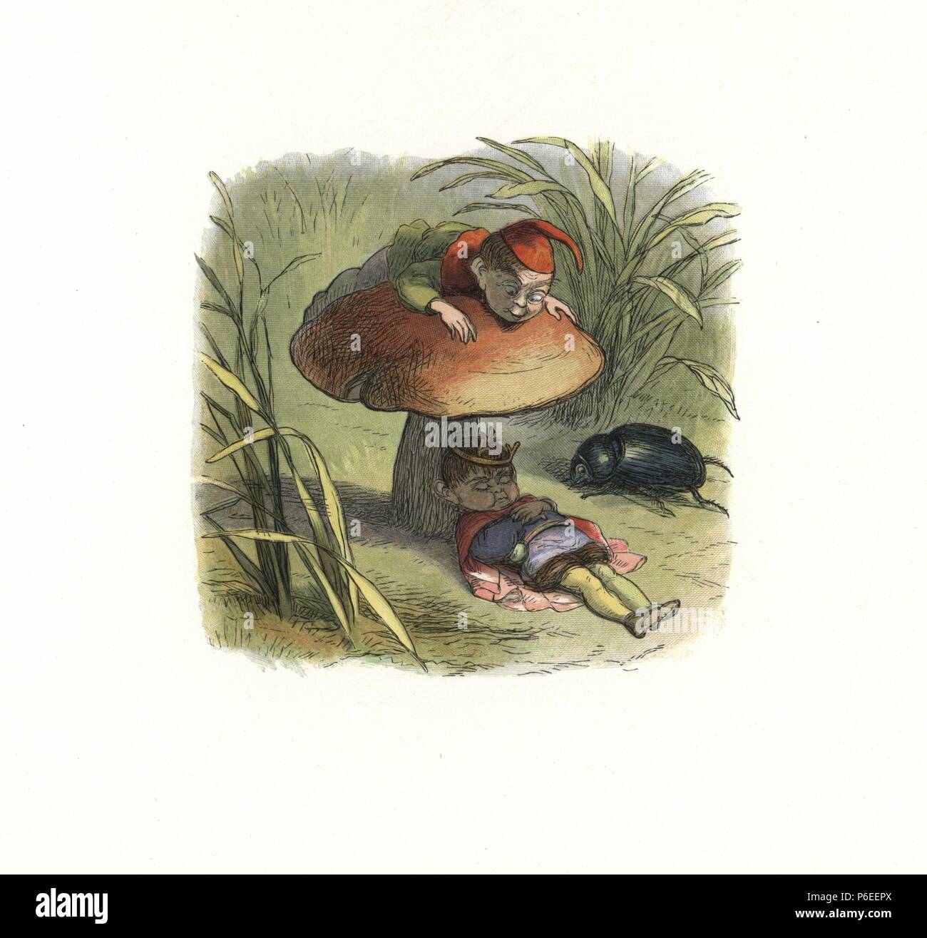 Elf king asleep under a toadstool, attended by an elf and beetle ...