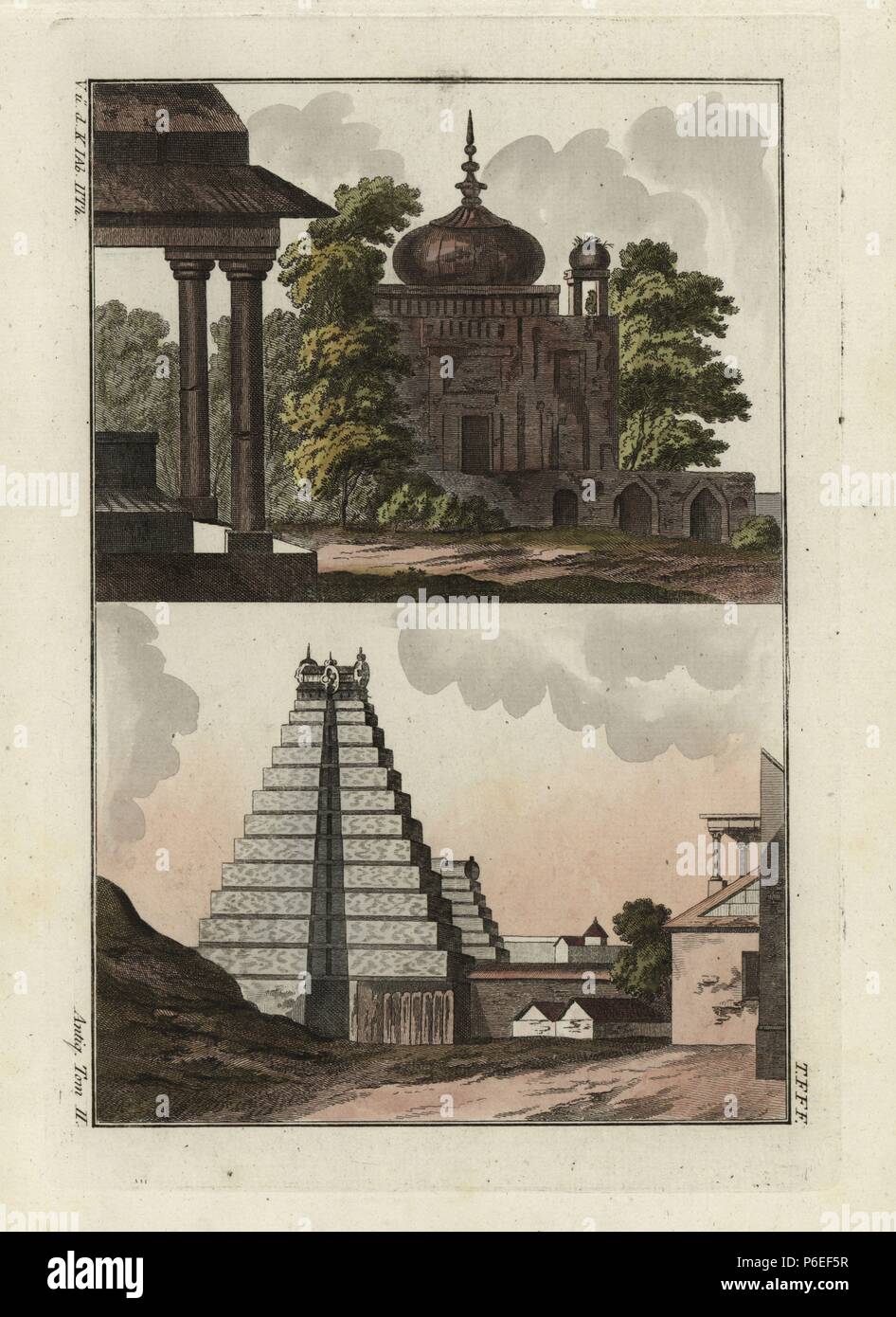 Indian tomb with dome and Indian stepped pagoda. Handcoloured ...