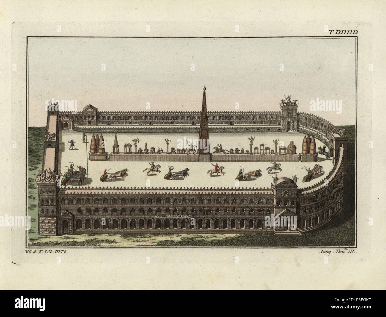 Roman circus with chariot race. Handcoloured copperplate engraving by ...