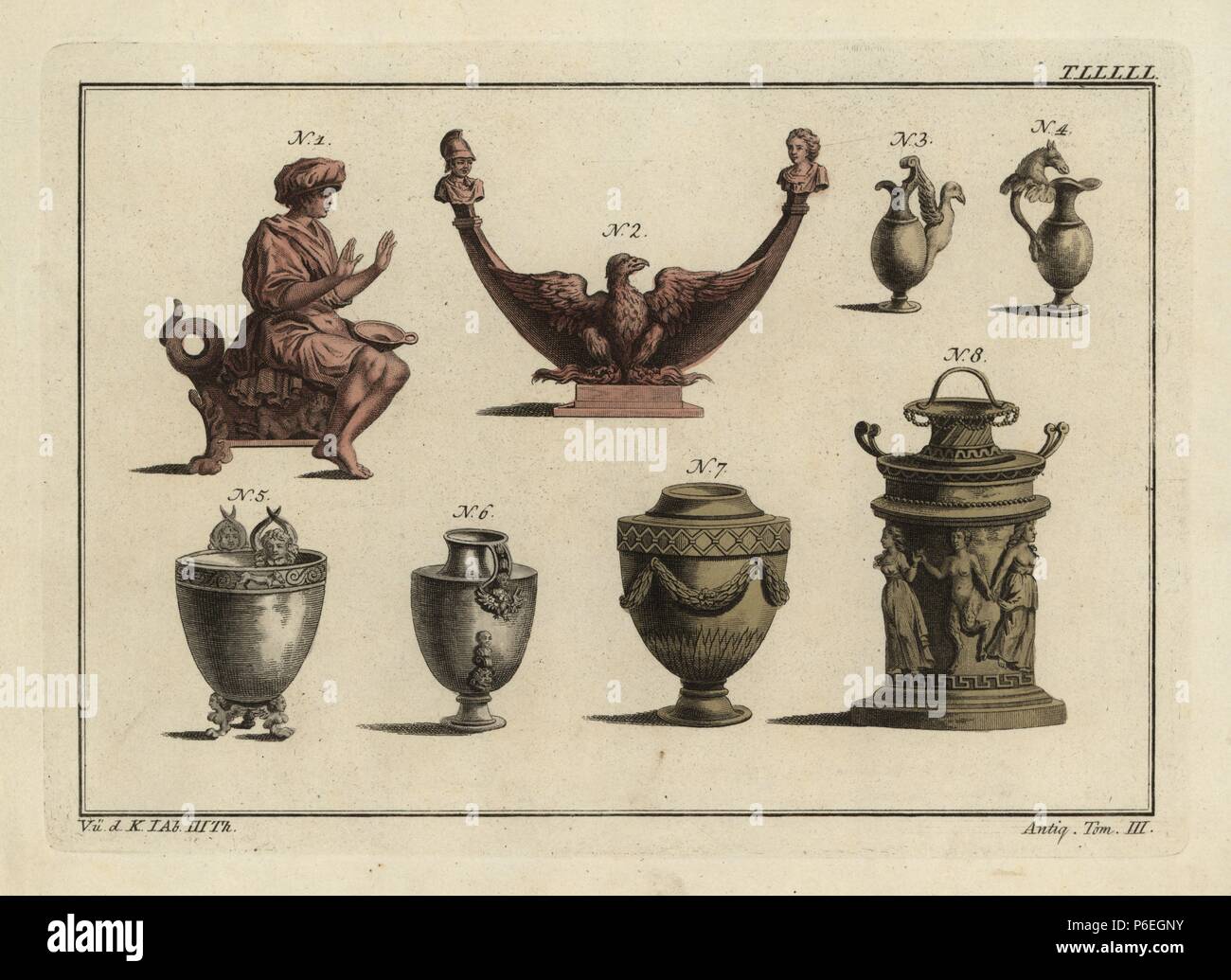 Roman oil lamps, altar, and vases. Handcoloured copperplate engraving ...