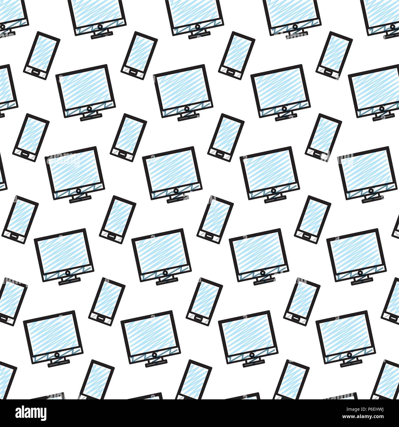 doodle electronic computer and smartphone technology background vector ...