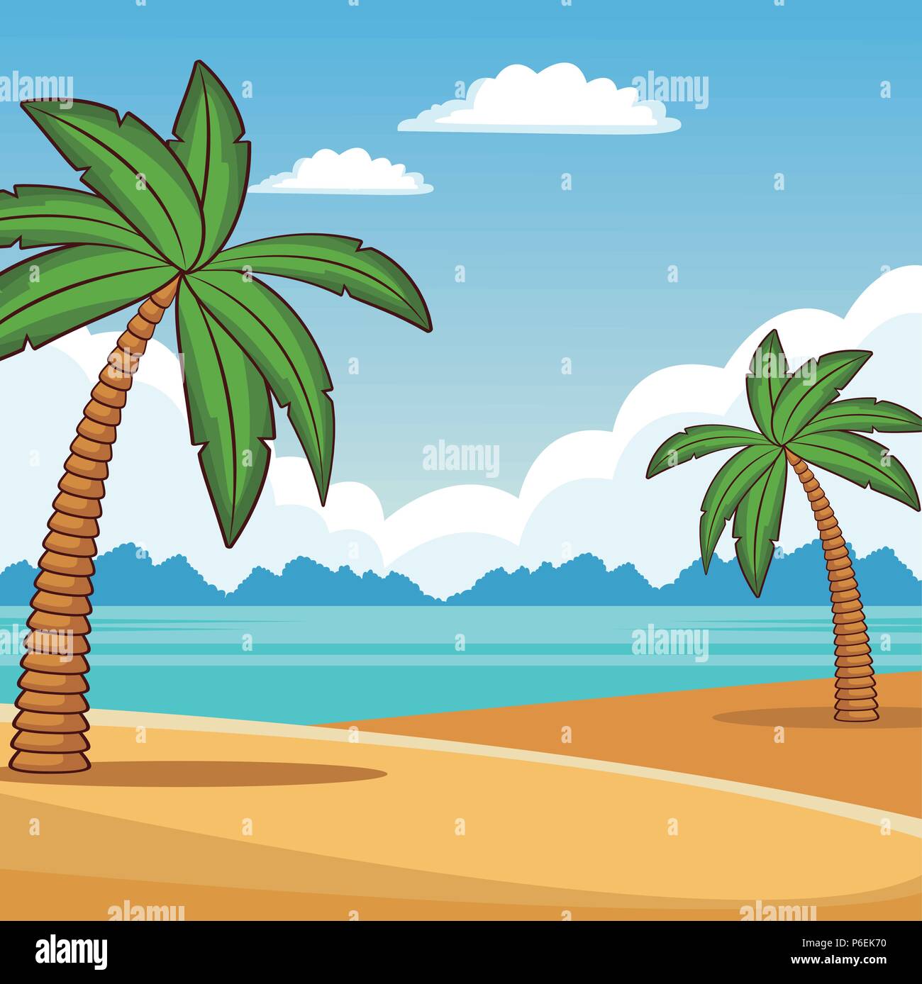 Beautiful beach scenery colorful cartoons vector illustration graphic ...