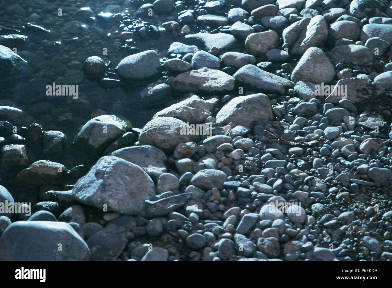 Smooth water worn rocks or stones of irregular shapes and sizes in a ...