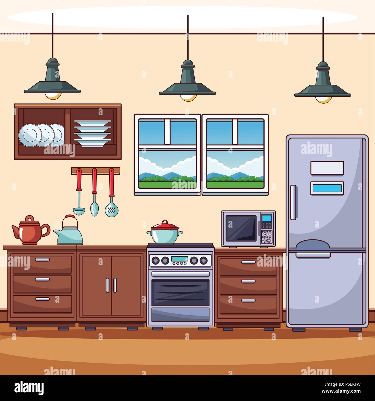Kitchen interior scenery colorful cartoons vector illustration graphic ...