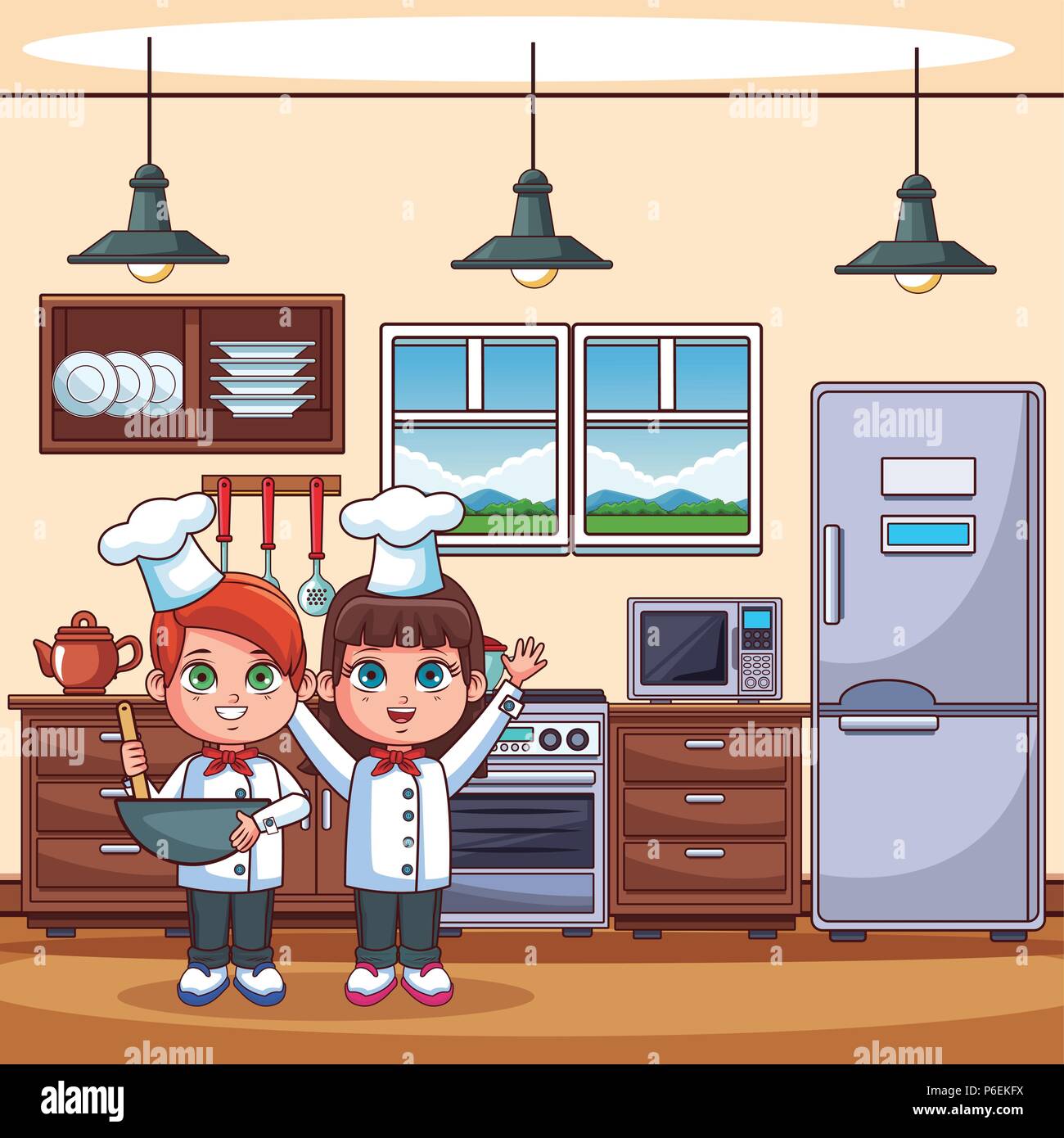 Chef kids cooking at kitchen cartoons vector illustration graphic ...