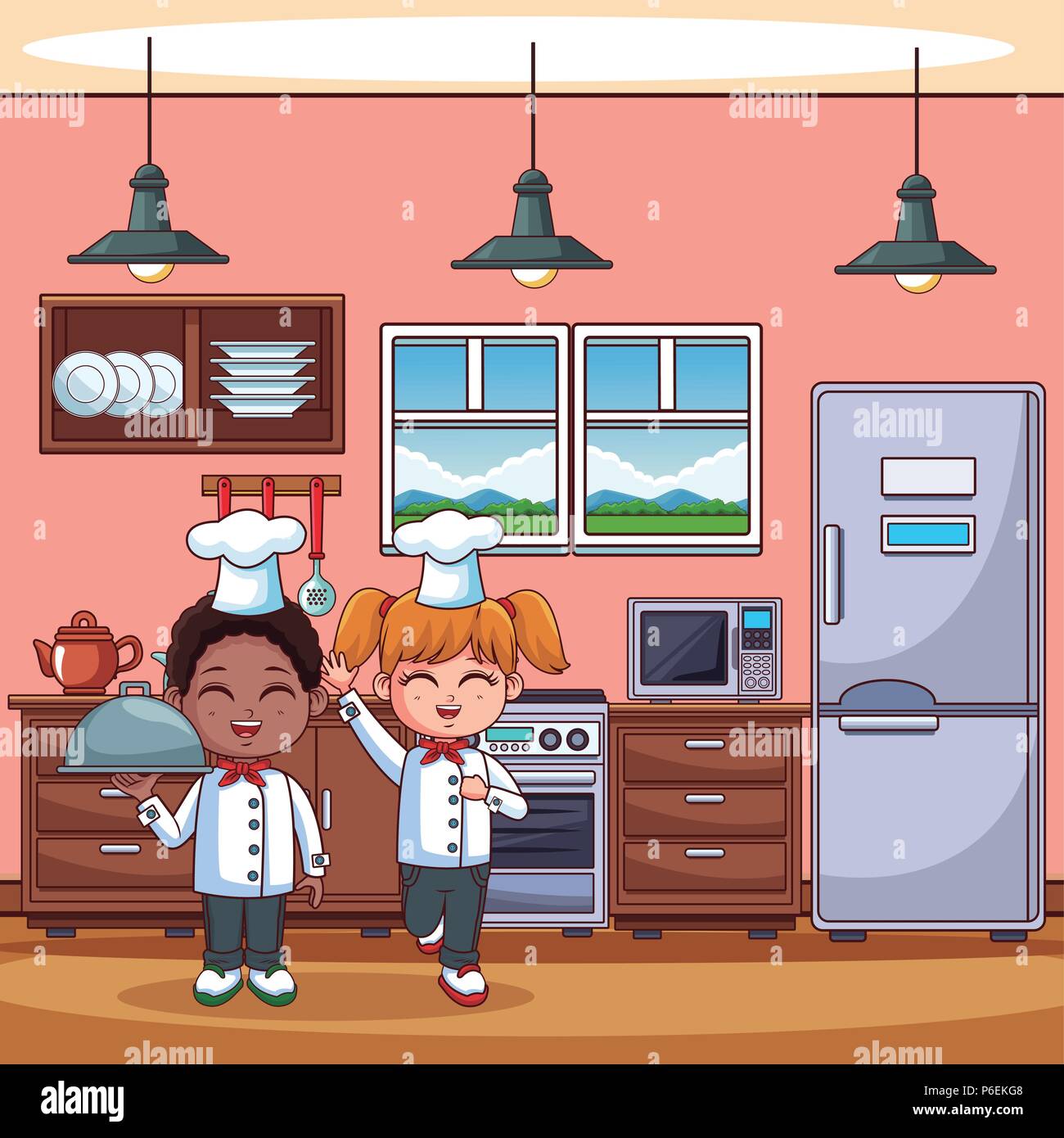Chef kids cooking at kitchen cartoons vector illustration graphic ...