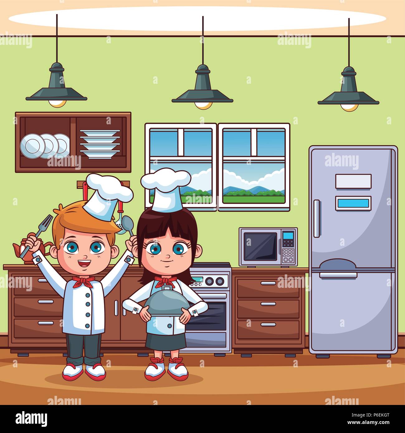 Chef kids cooking at kitchen cartoons vector illustration graphic ...