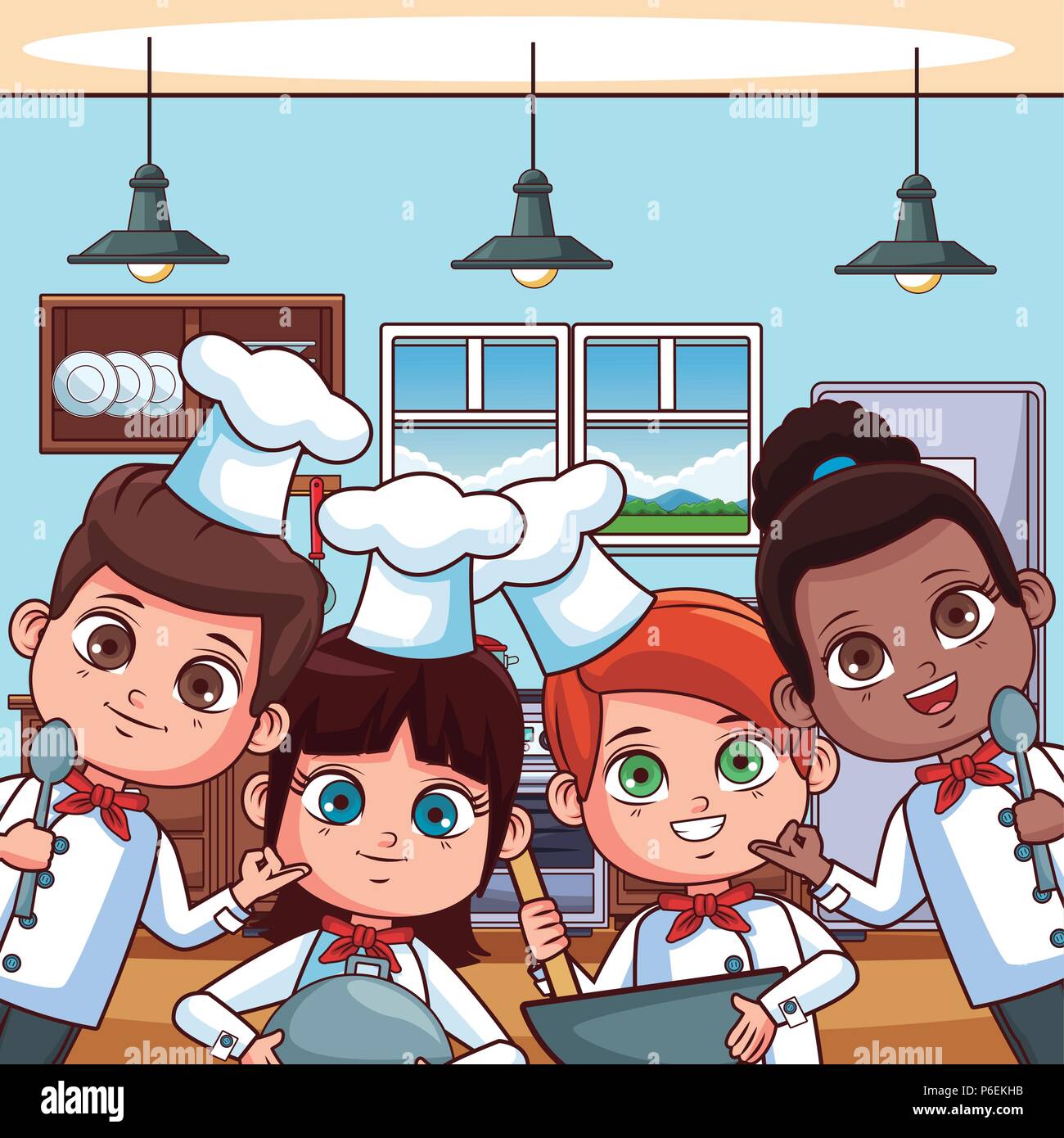 Chef kids cooking at kitchen cartoons vector illustration graphic ...