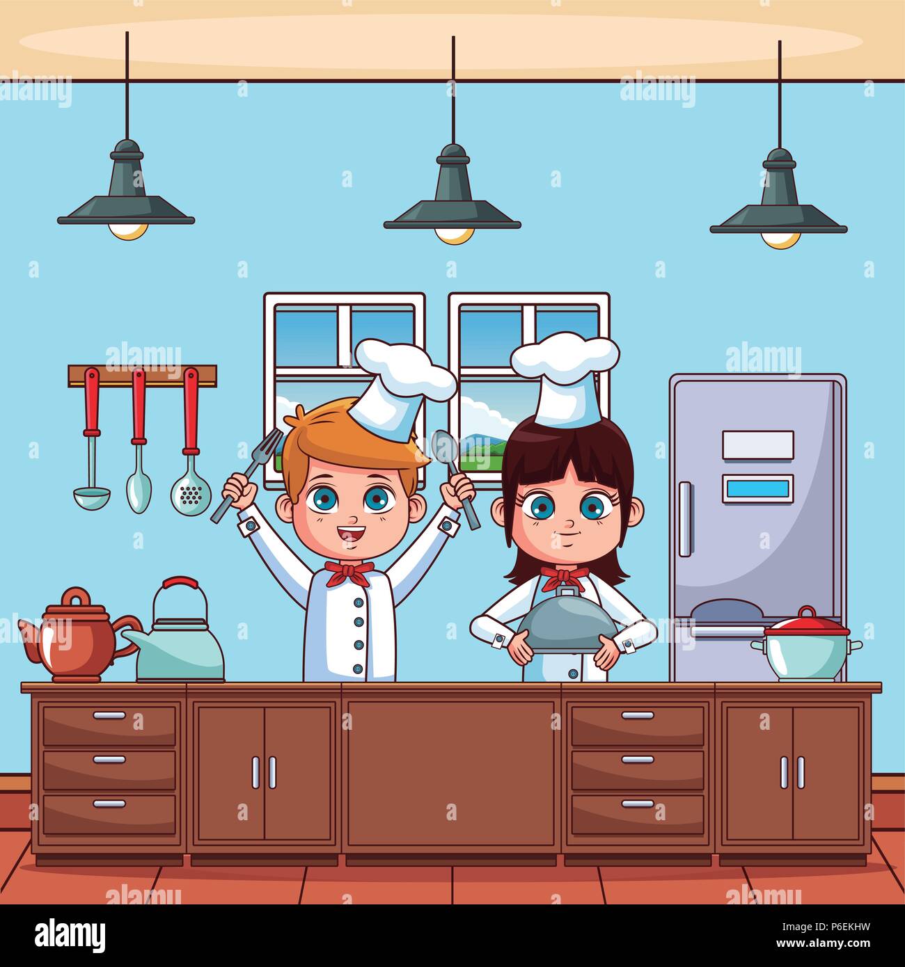 Chef kids cooking at kitchen cartoons vector illustration graphic ...