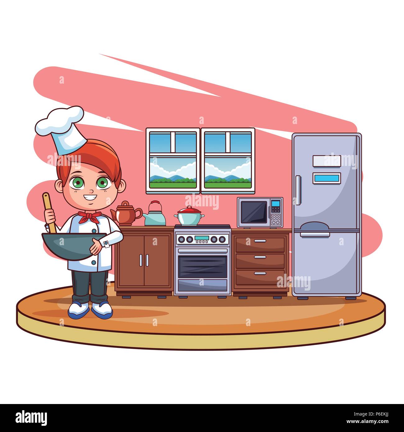 Cute chef boy at kitchen cartoon vector illustration graphic design ...