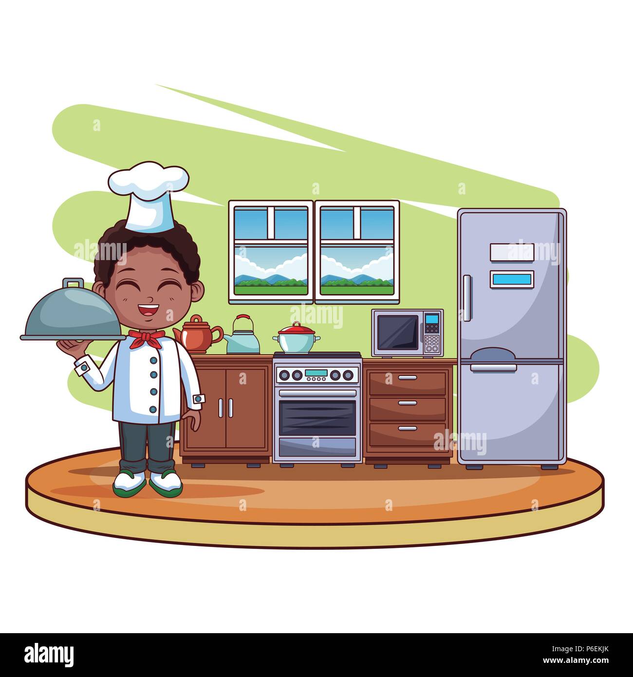 Cute chef boy at kitchen cartoon vector illustration graphic design ...