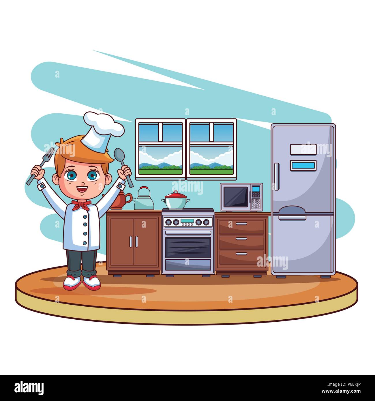 Cute chef boy at kitchen cartoon vector illustration graphic design ...