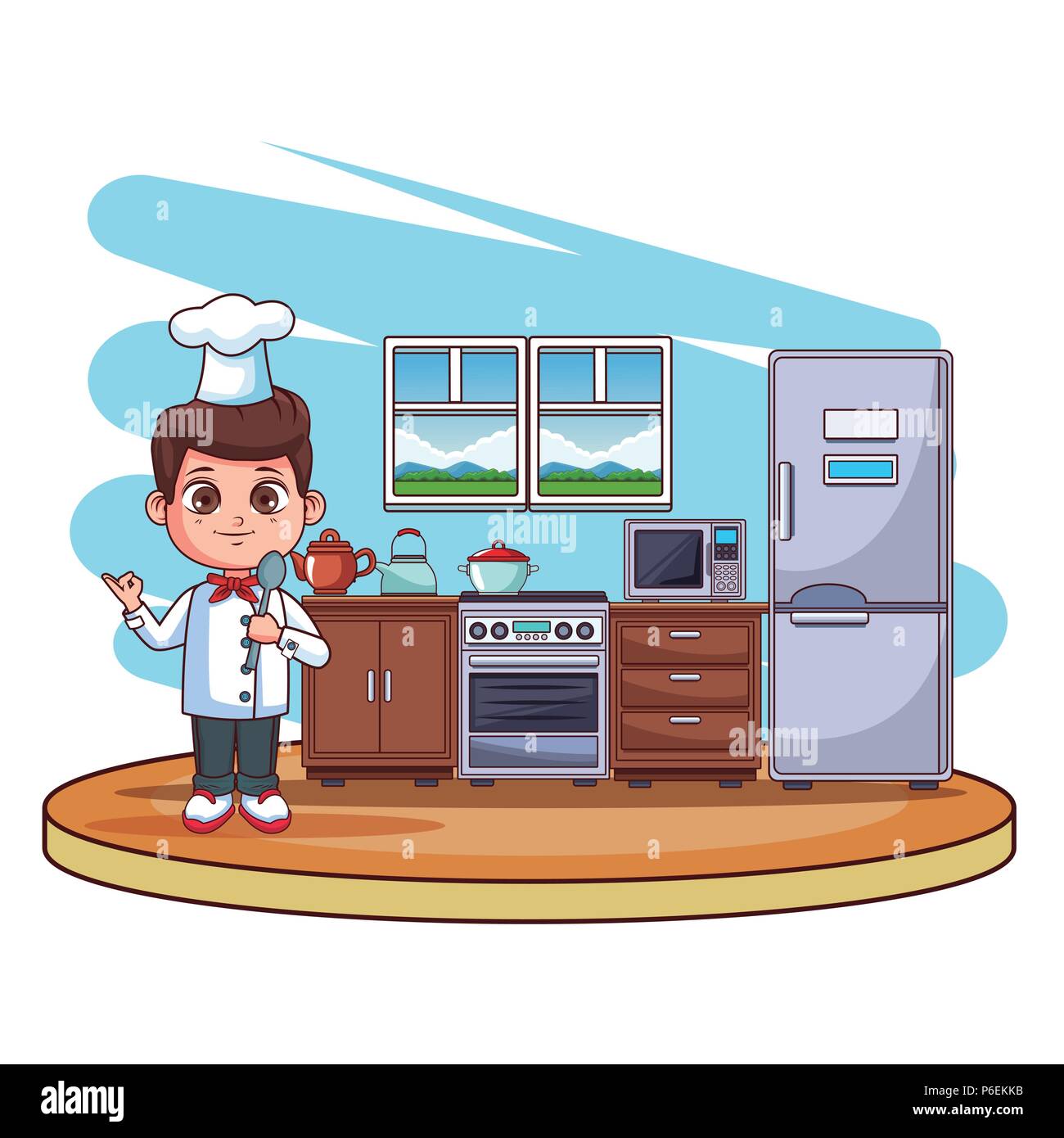 Cute chef boy at kitchen cartoon vector illustration graphic design ...