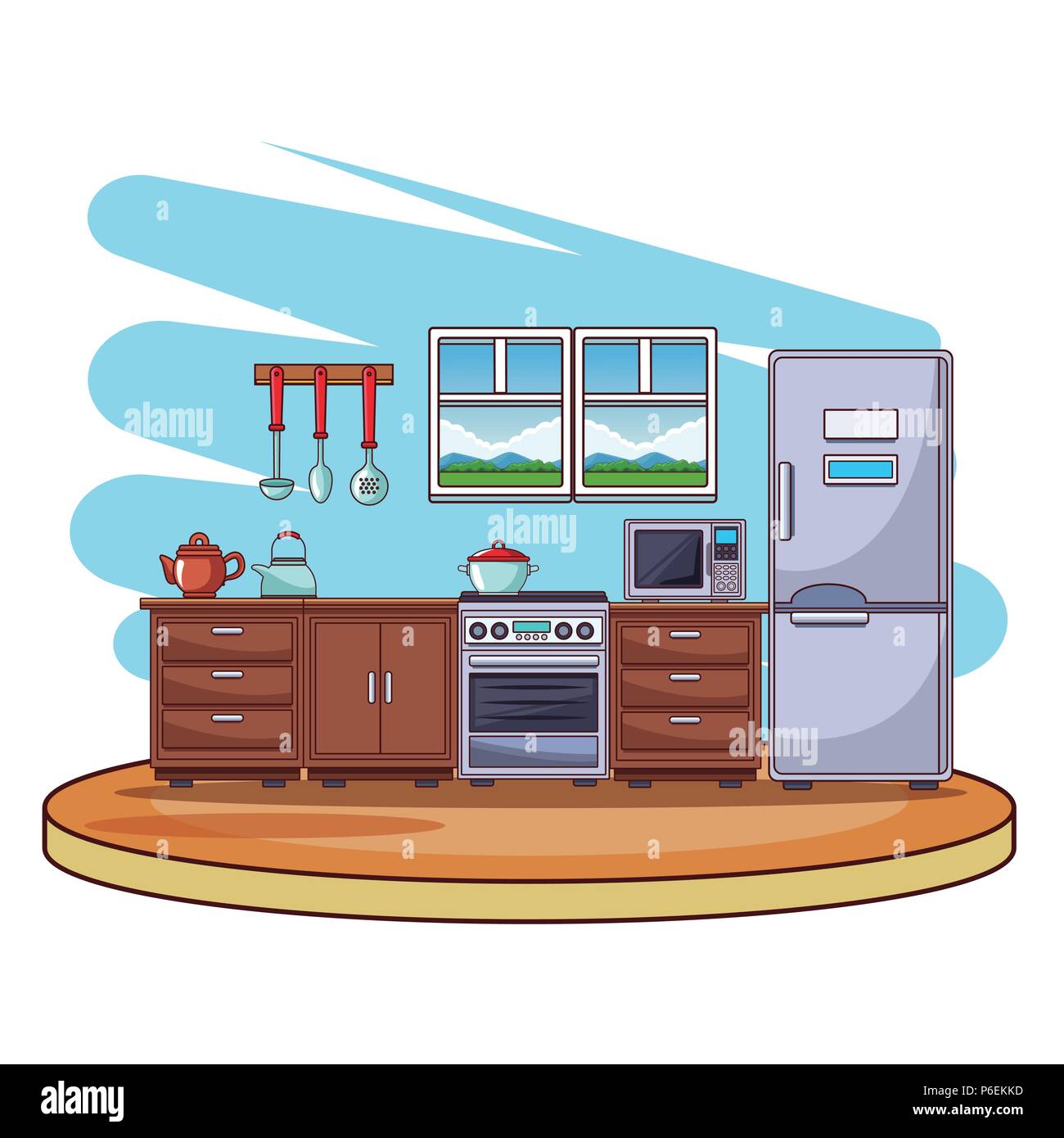 Kitchen interior scenery colorful cartoons vector illustration graphic ...