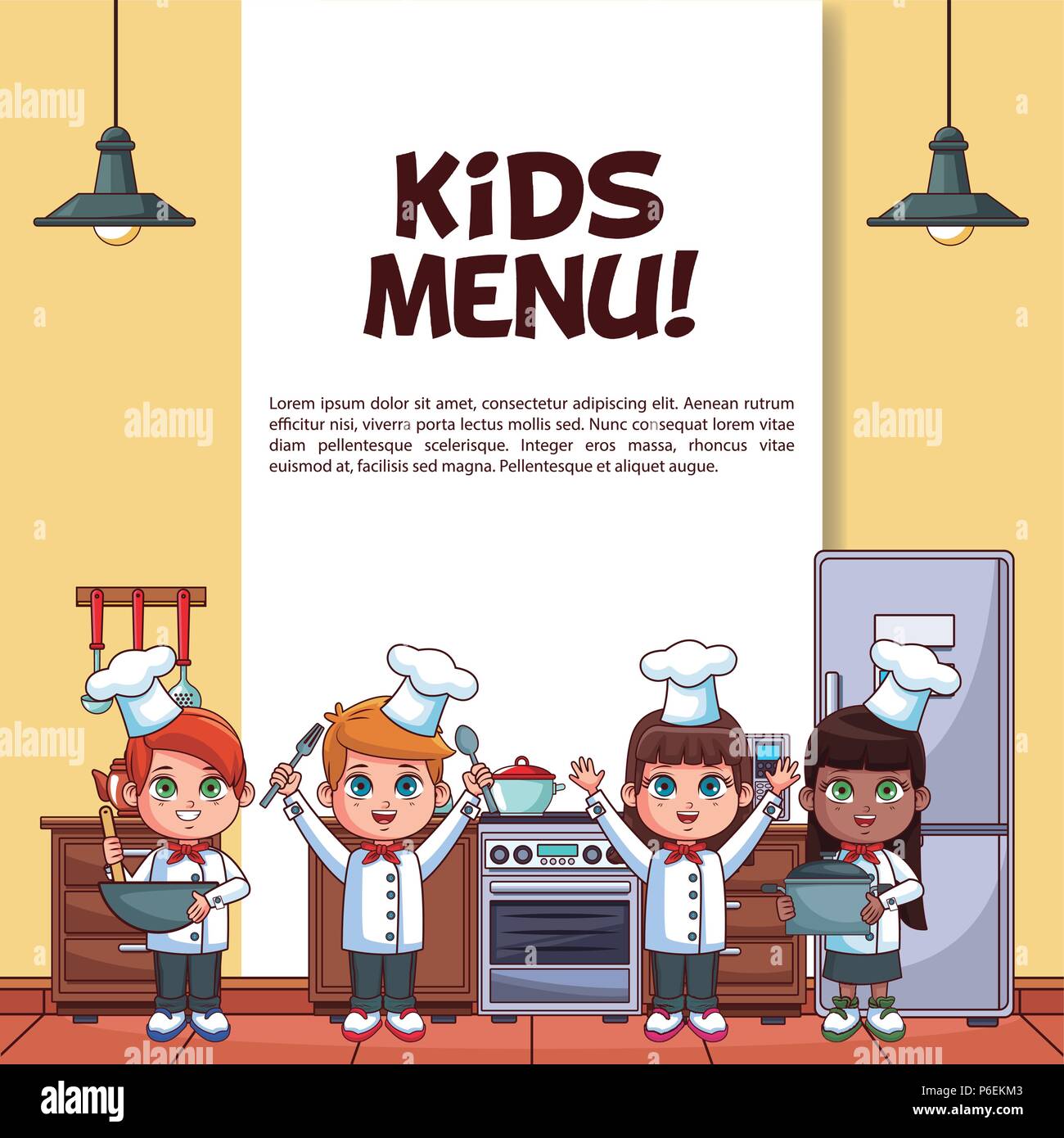 Kids menu poster with little chefs in kitchen cartoons vector ...
