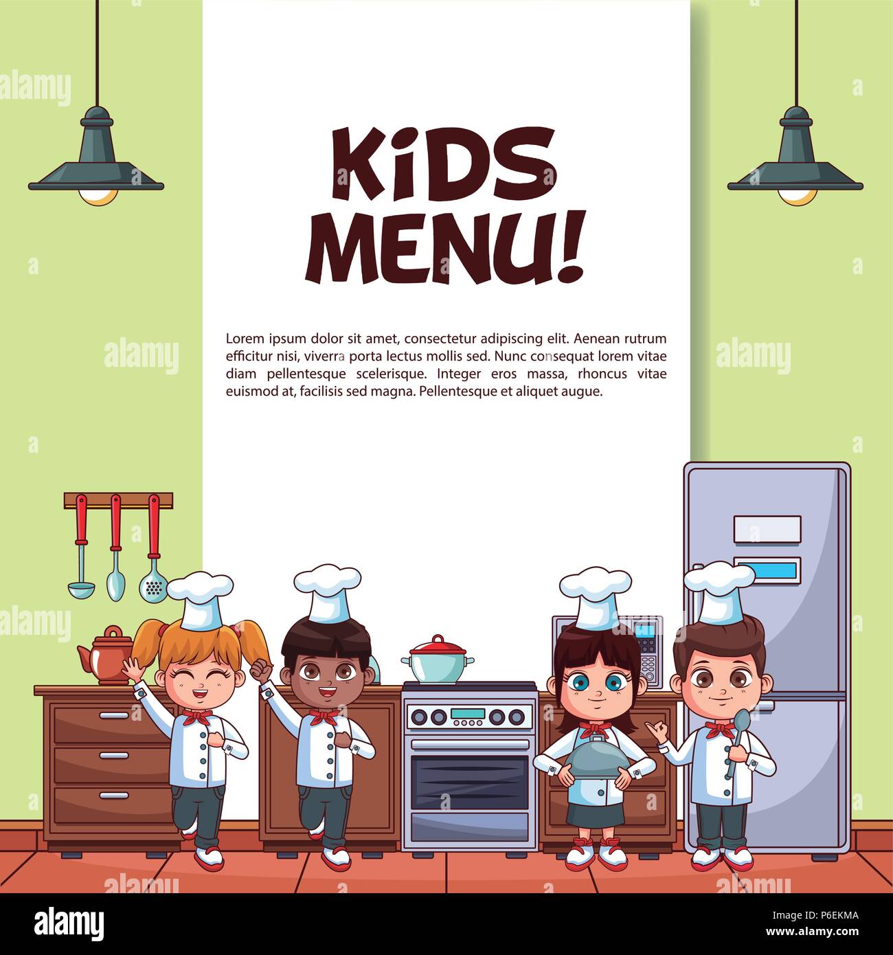 Kids menu poster with little chefs in kitchen cartoons vector ...