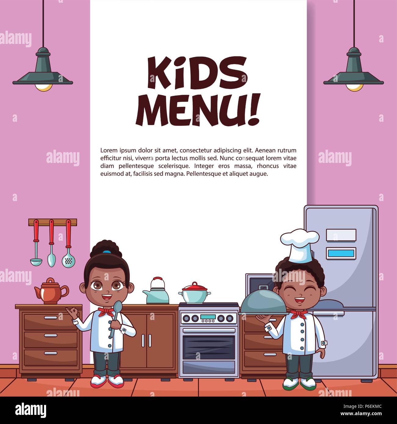 Kids menu poster with little chefs in kitchen cartoons vector ...