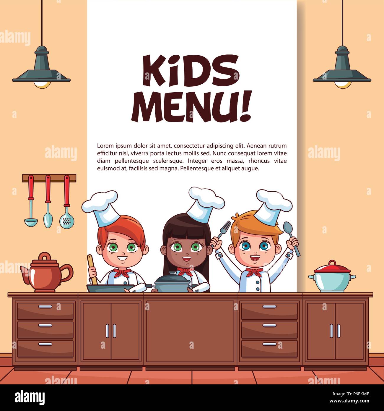 Kids menu poster with little chefs in kitchen cartoons vector ...