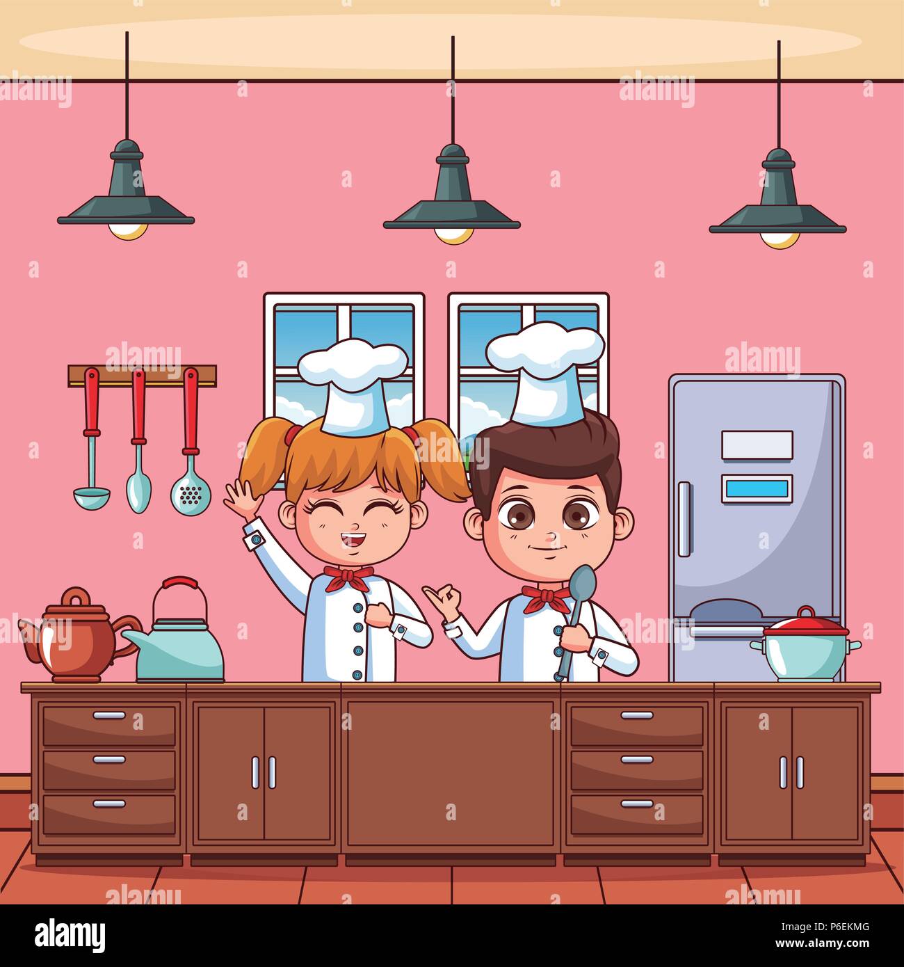 Cute chef boy at kitchen cartoon vector illustration graphic design ...