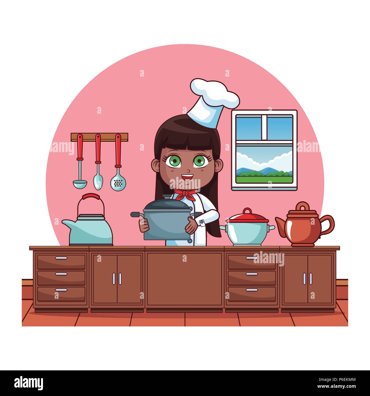 Cute chef girl cooking at kitchen cartoon vector illustration graphic ...