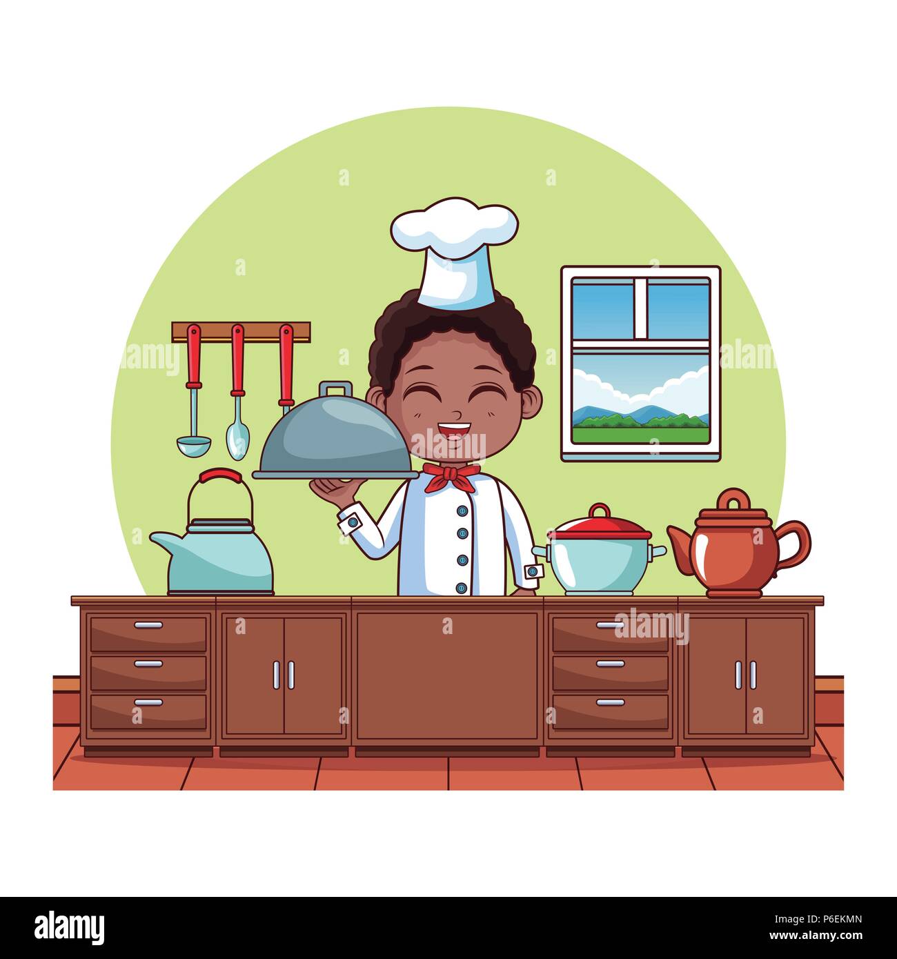 Cute chef boy at kitchen cartoon vector illustration graphic design ...