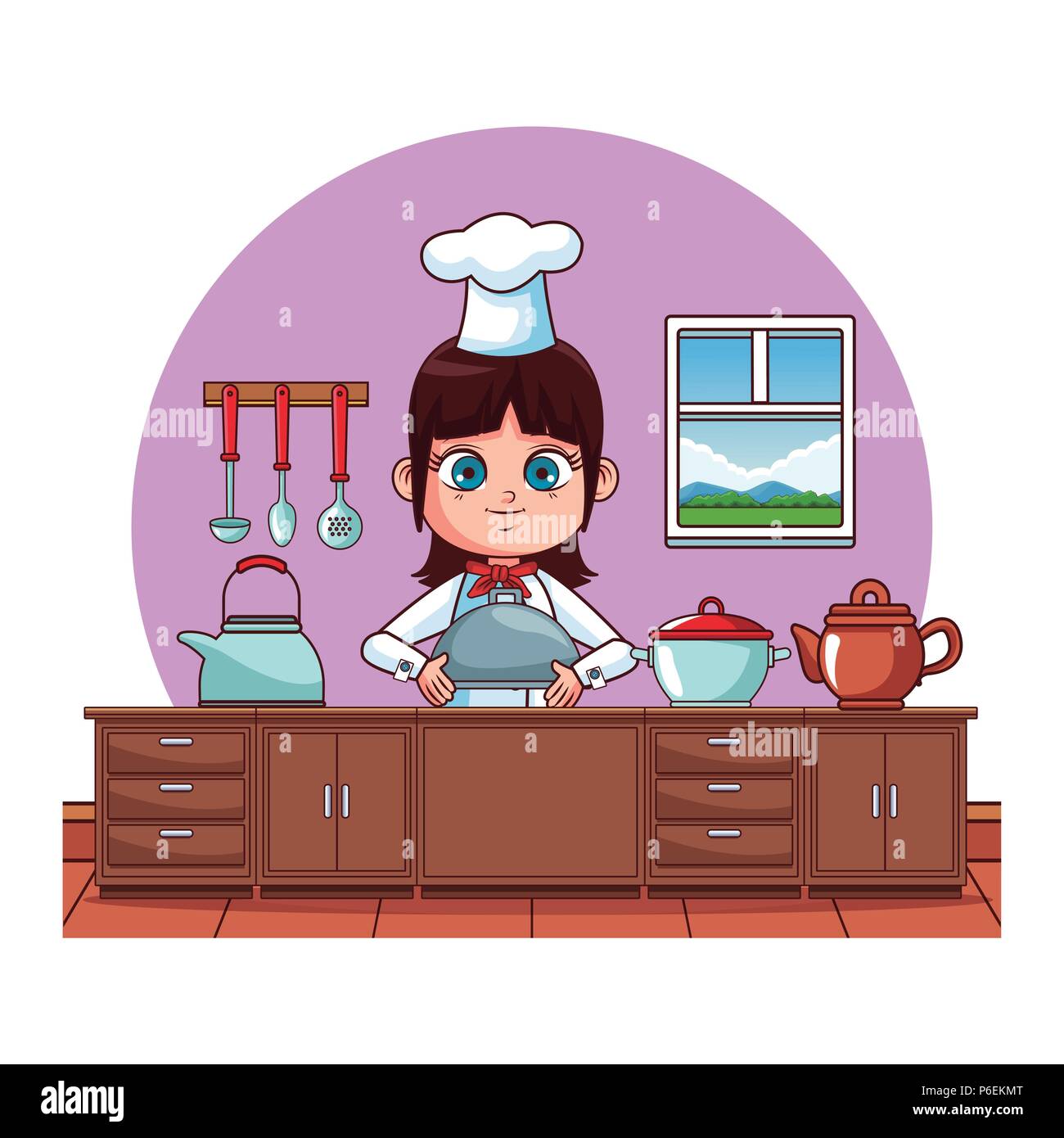 Cute chef girl cooking at kitchen cartoon vector illustration graphic ...