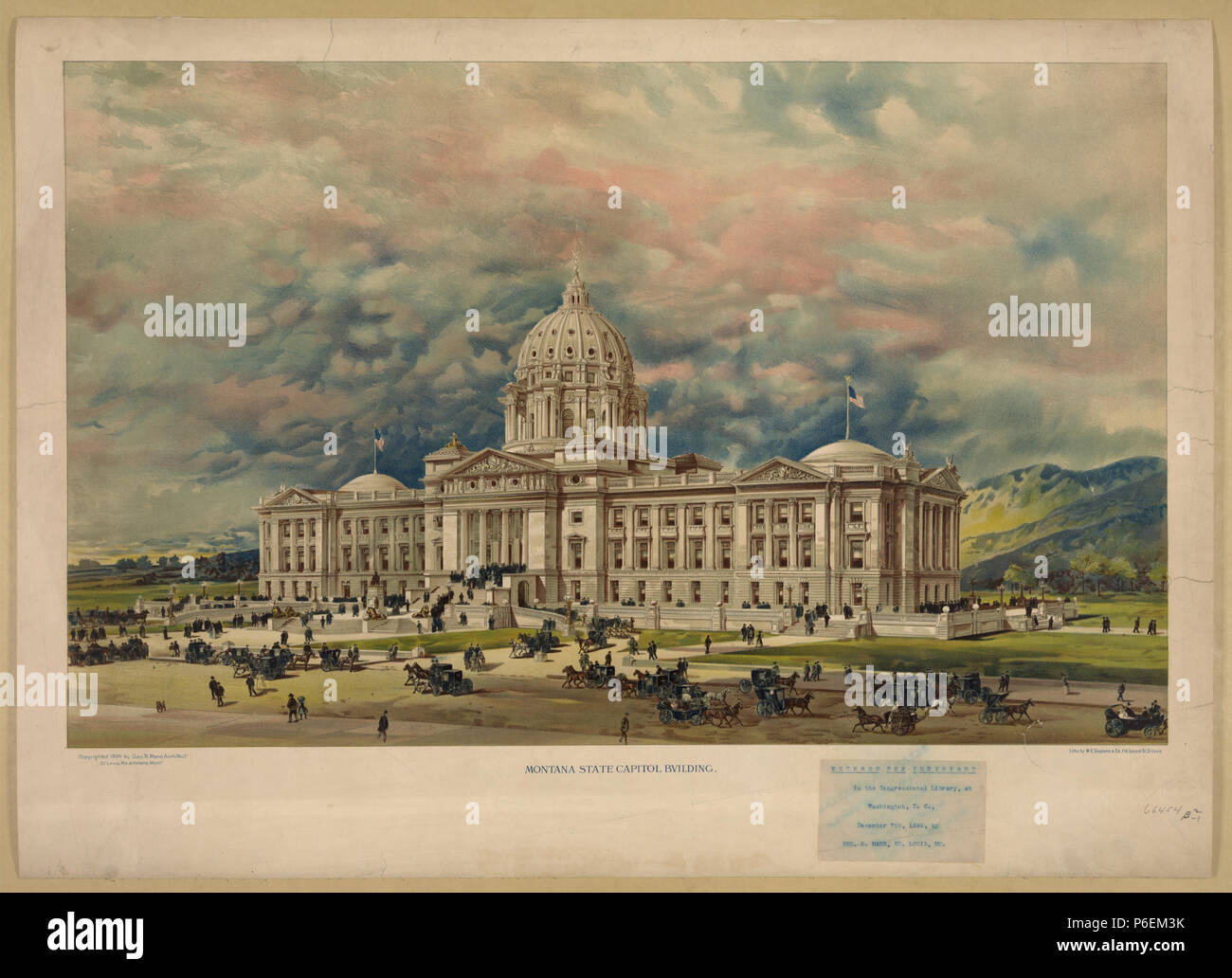 English: Print showing exterior view of the state capitol building in ...