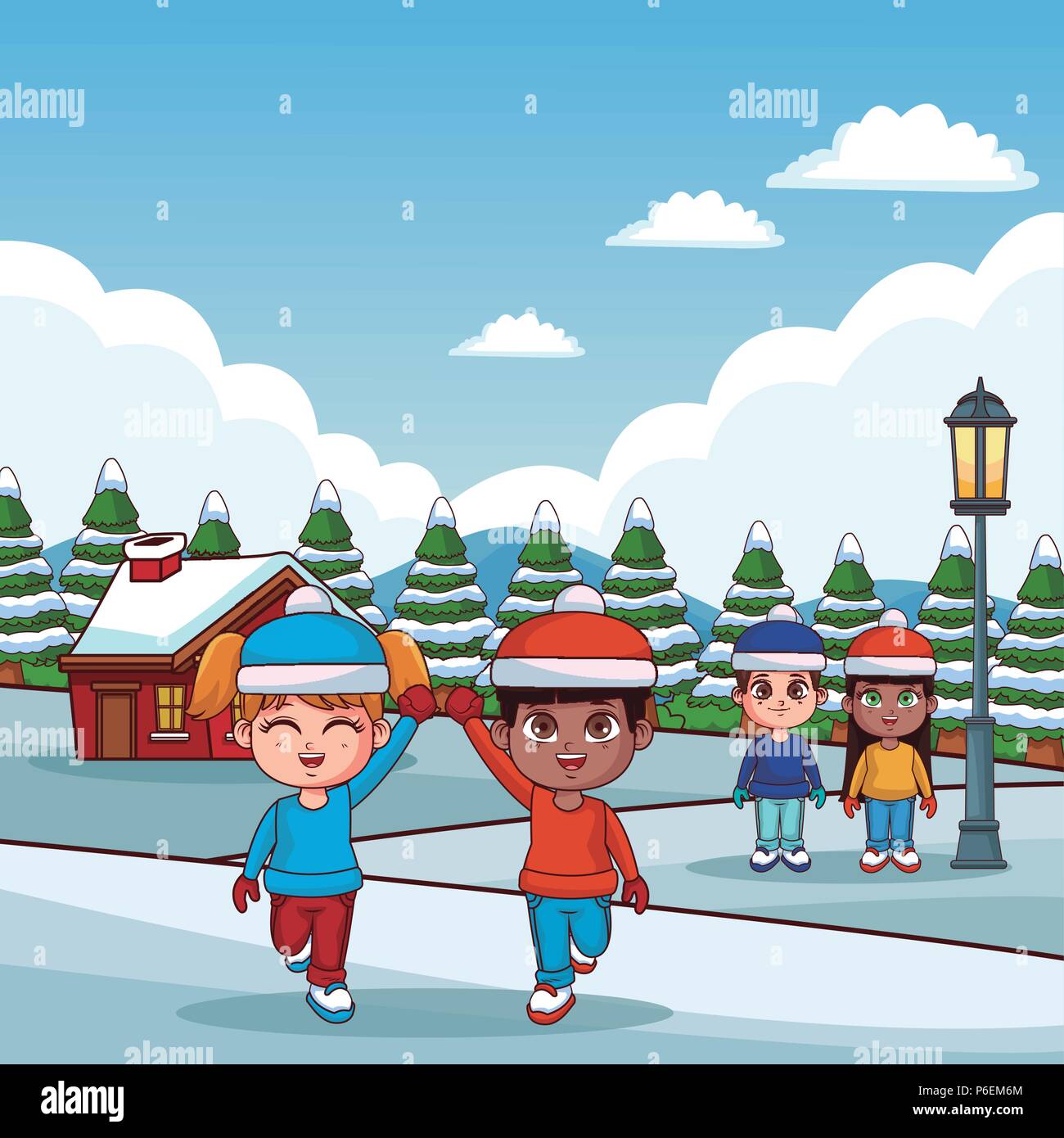 Cute kids playing in winter cartoons vector illustration graphic design ...