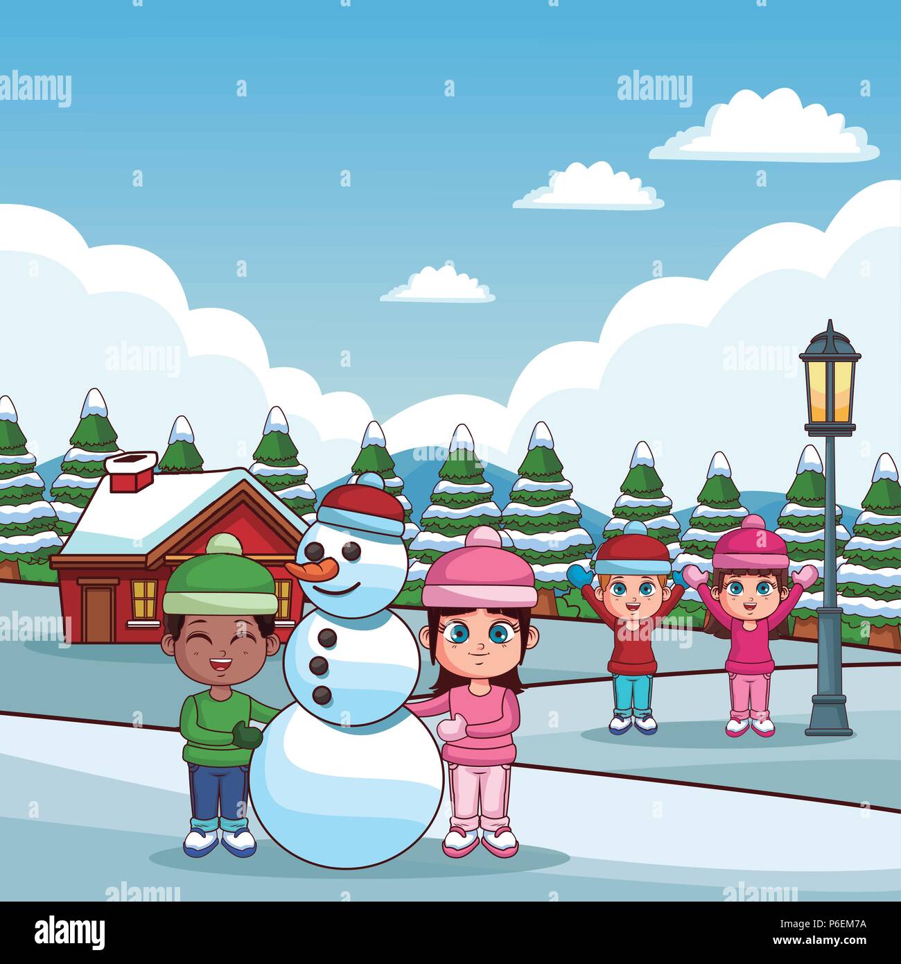 Cute kids playing in winter cartoons vector illustration graphic design ...