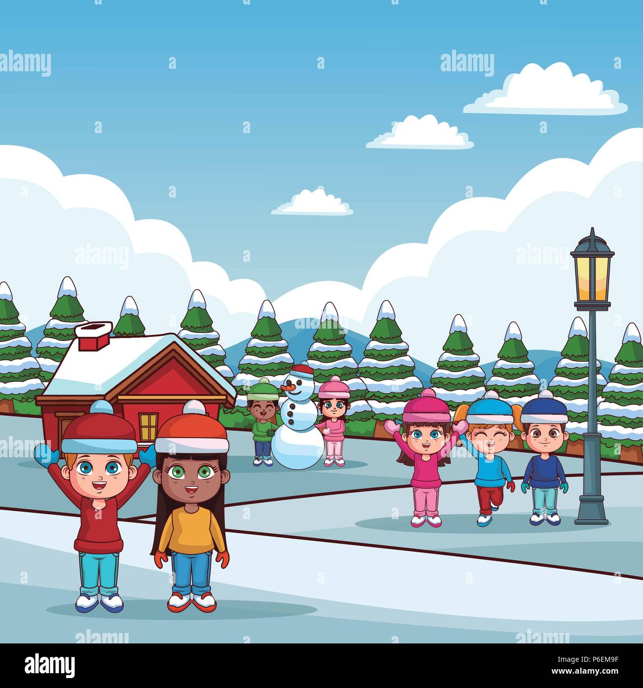 Cute kids playing in winter cartoons vector illustration graphic design ...