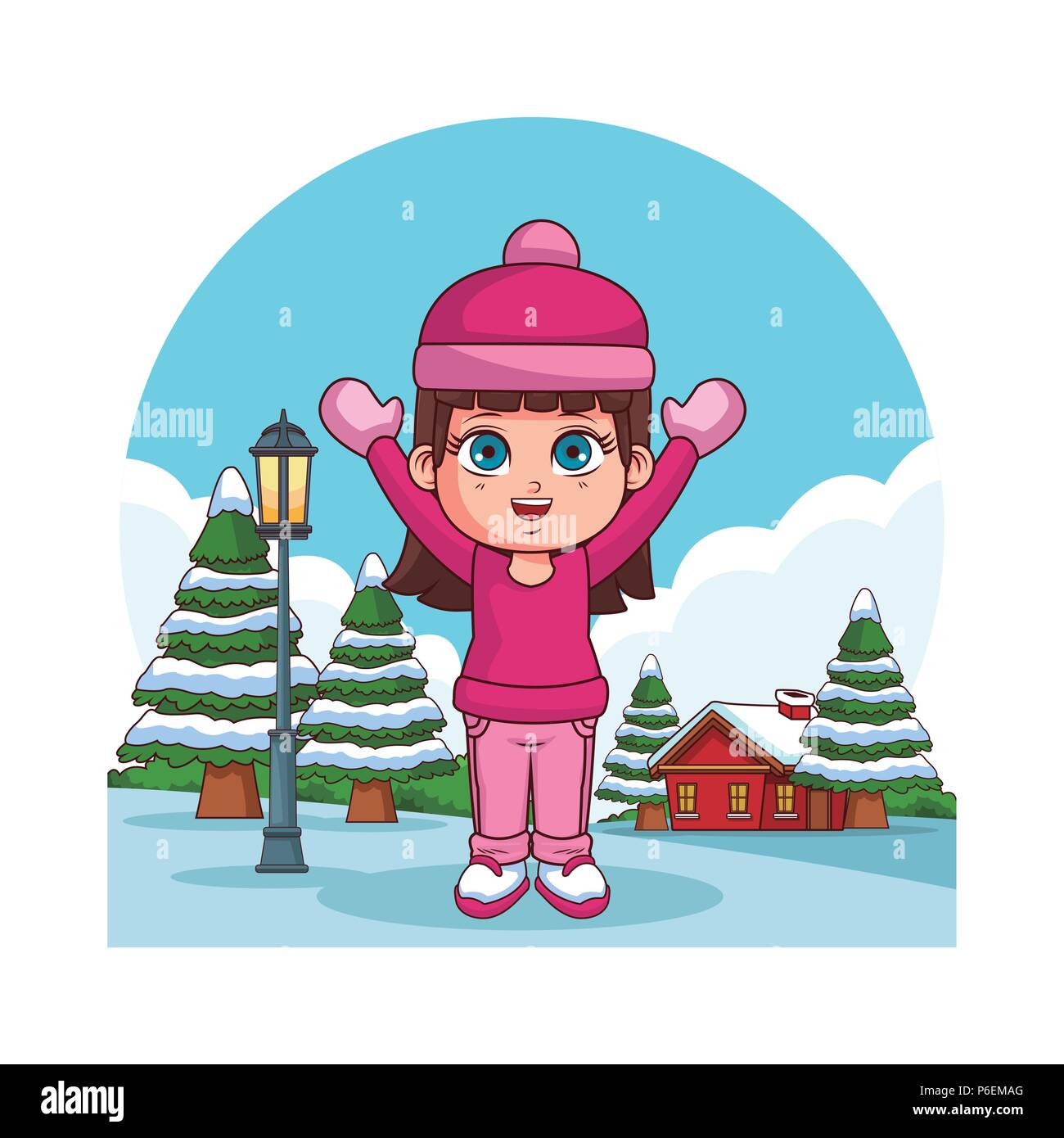 Cute girl playing in winter cartoon vector illustration graphic design ...