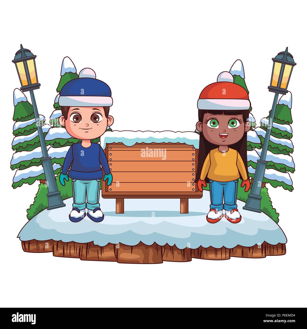 Kids and with blank wooden frame winter cartoon vector illustration ...