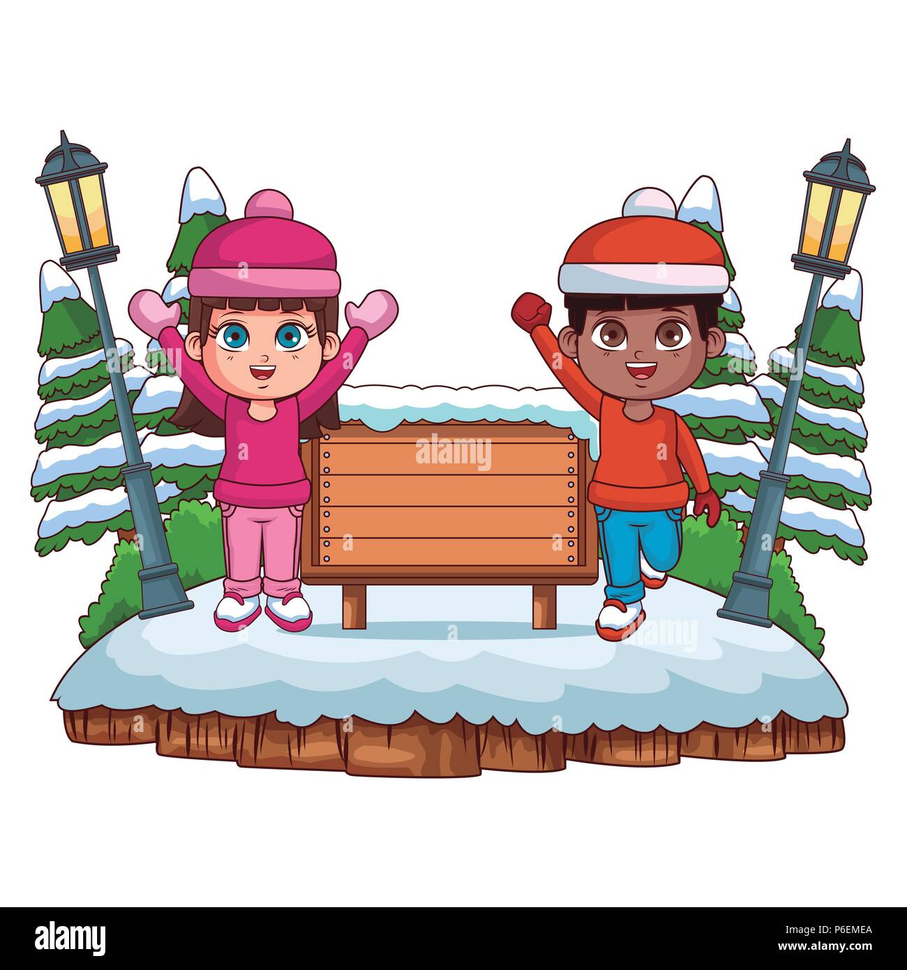 Kids and with blank wooden frame winter cartoon vector illustration ...