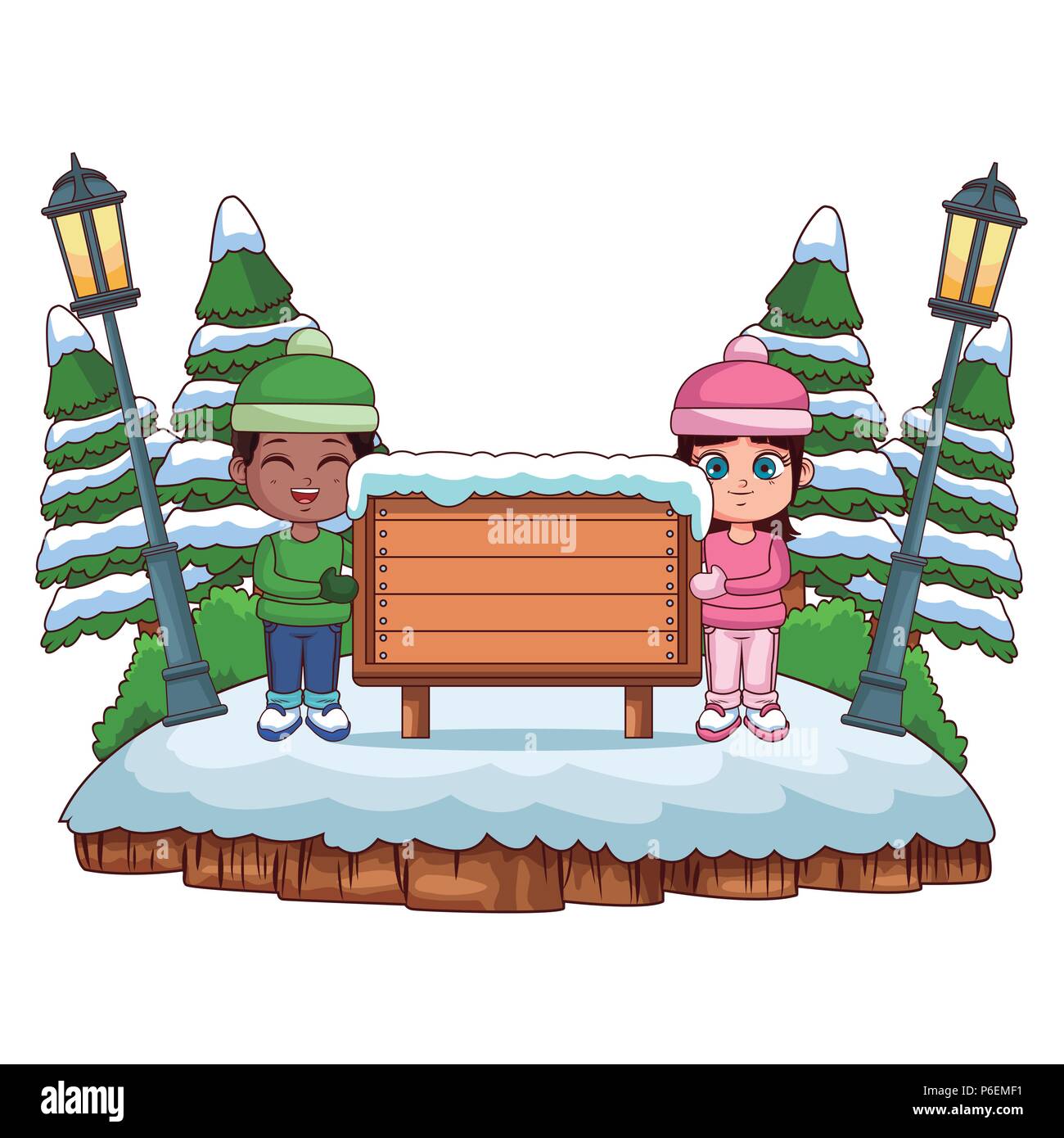 Kids and with blank wooden frame winter cartoon vector illustration ...