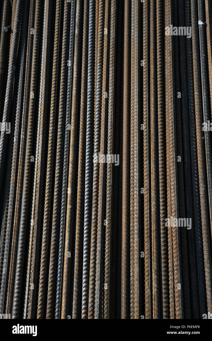 Rebar reinforced steel waiting in a construction building site in Leeds ...