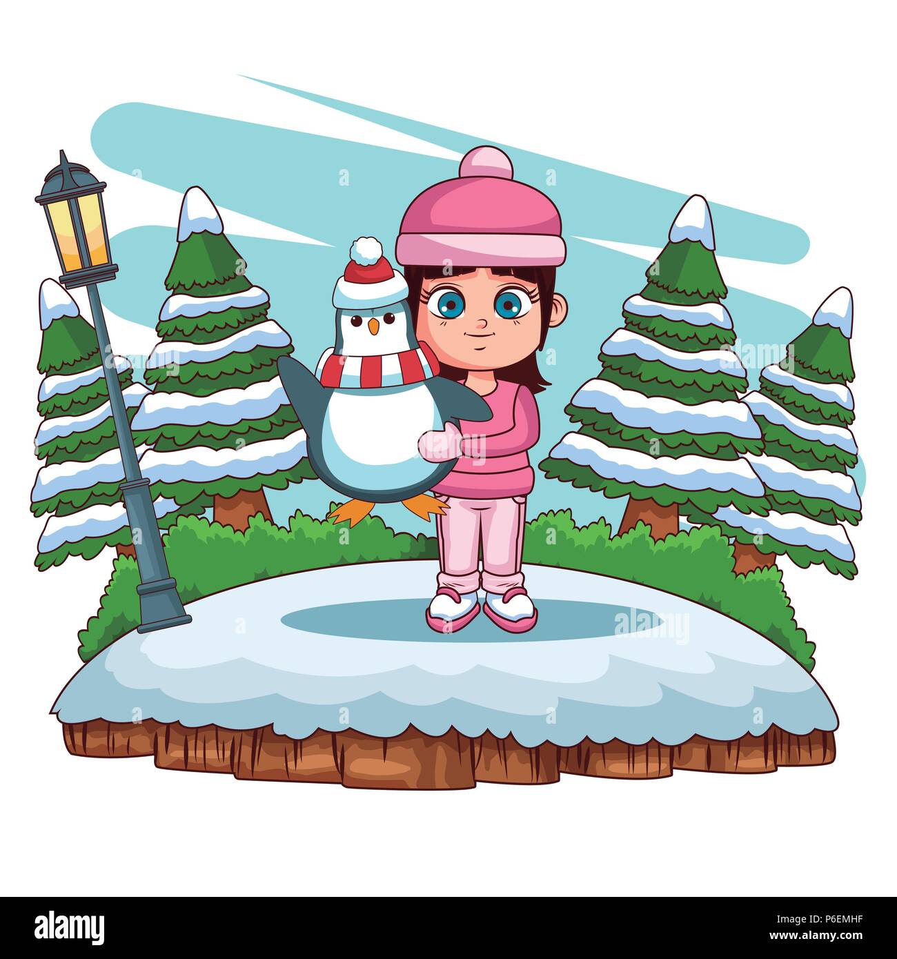 Cute girl playing in winter cartoon vector illustration graphic design ...