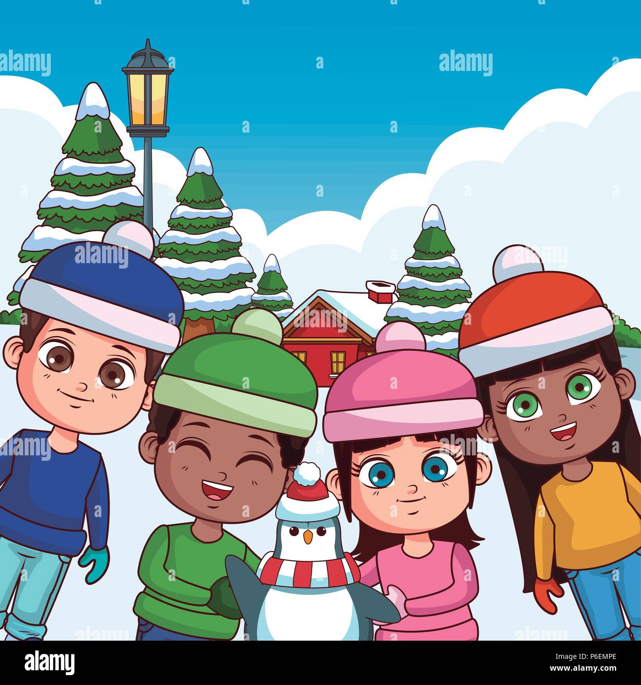 Cute kids playing in winter cartoons vector illustration graphic design ...