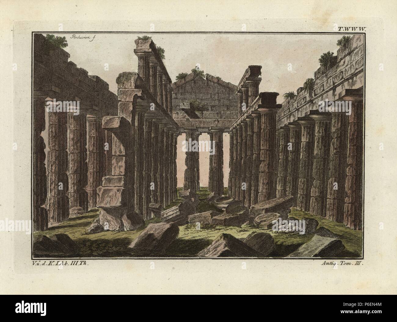 Interior of Roman temple. Handcoloured copperplate engraving by K ...
