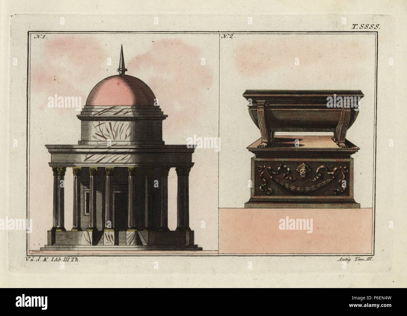 Roman temple with dome and columns, and Roman bath on a plinth ...