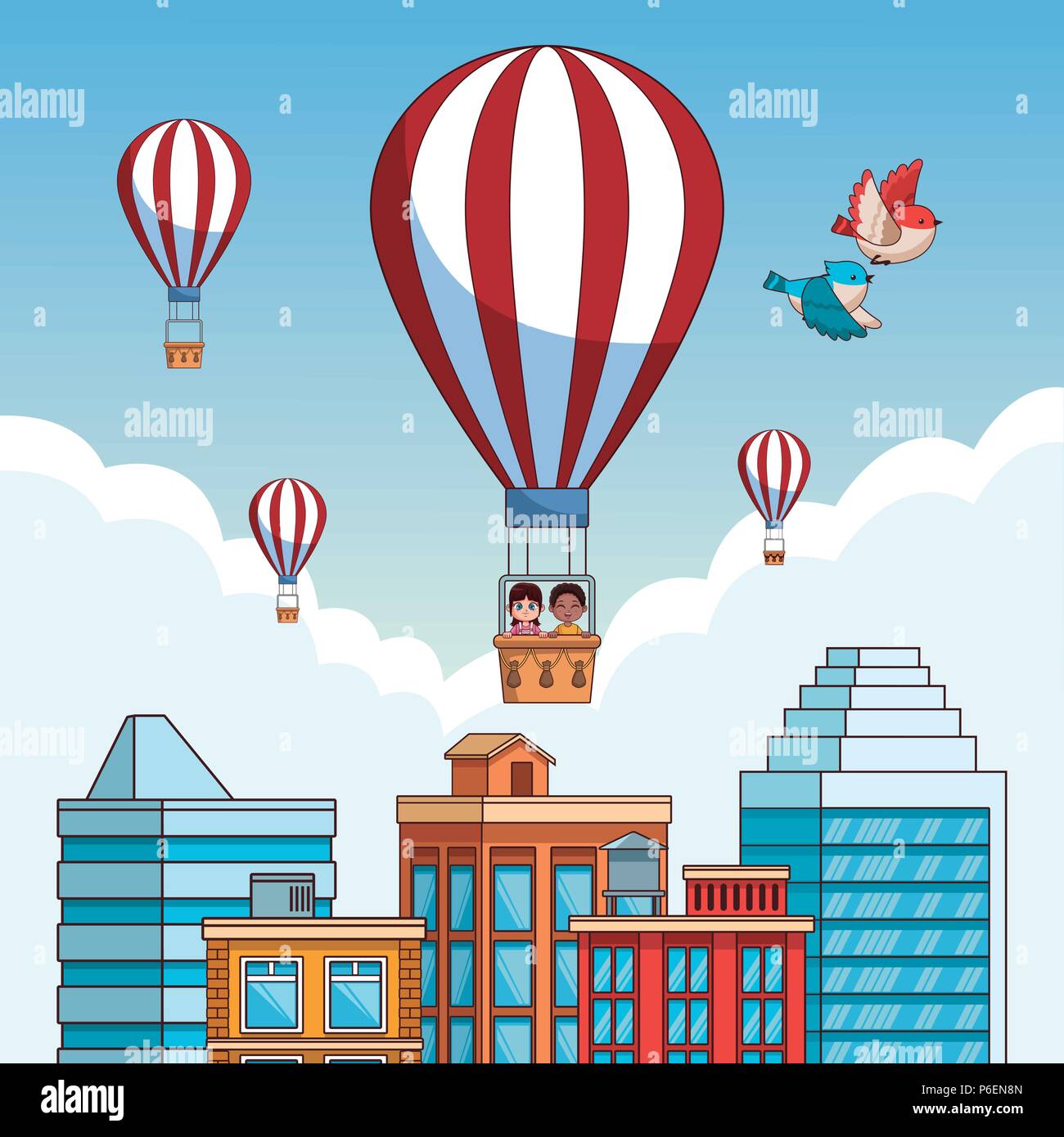 Kids flying over the city cartoons vector illustration graphic design ...