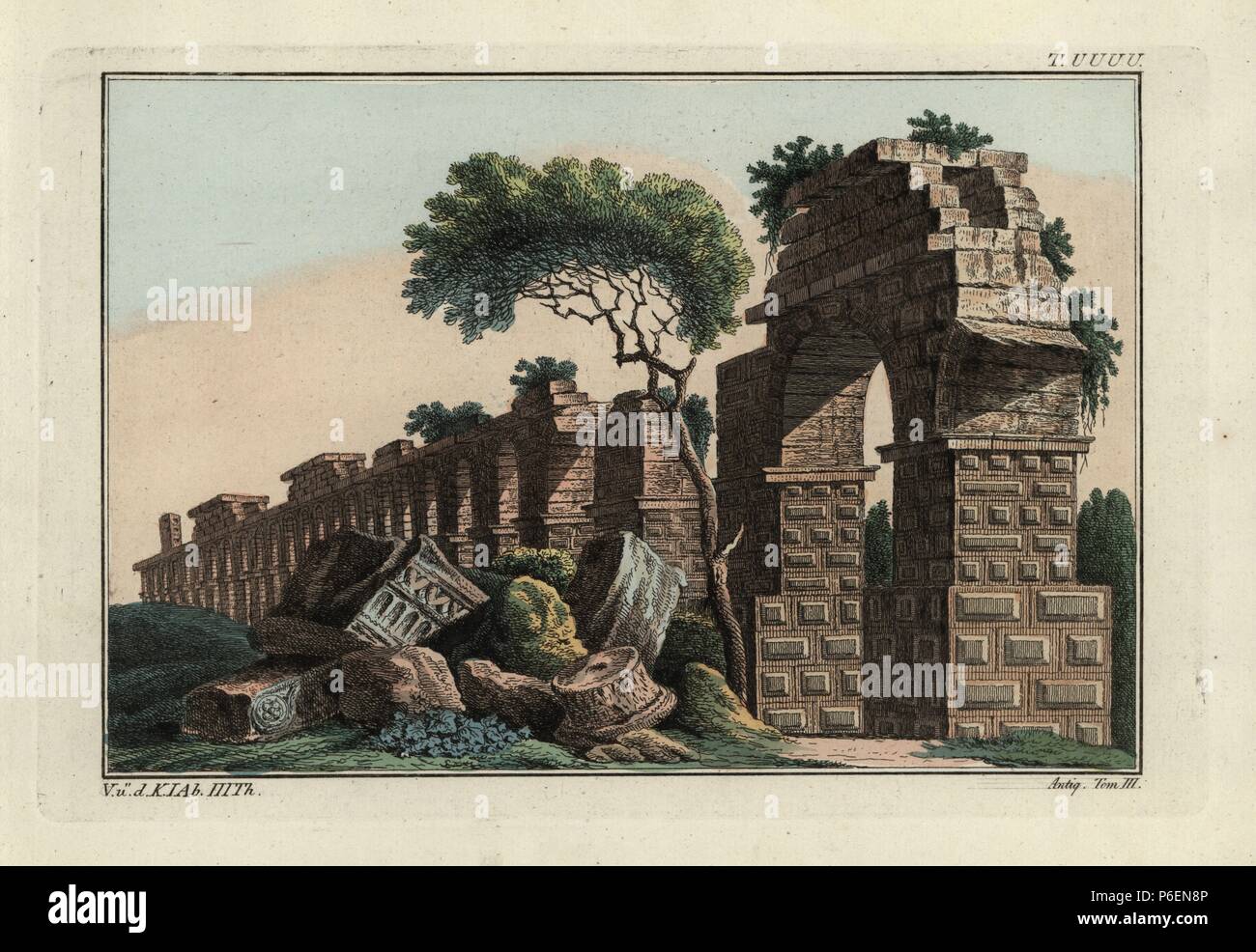 Ruins of a Roman aquaduct. Handcoloured copperplate engraving from ...