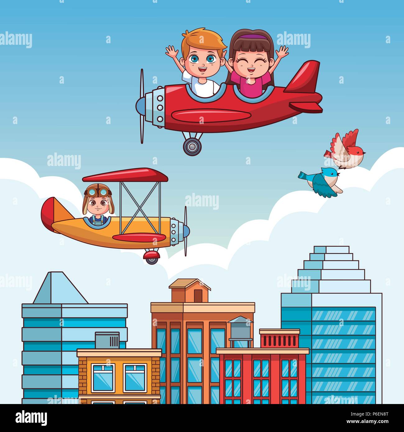 Kids flying over the city cartoons vector illustration graphic design ...