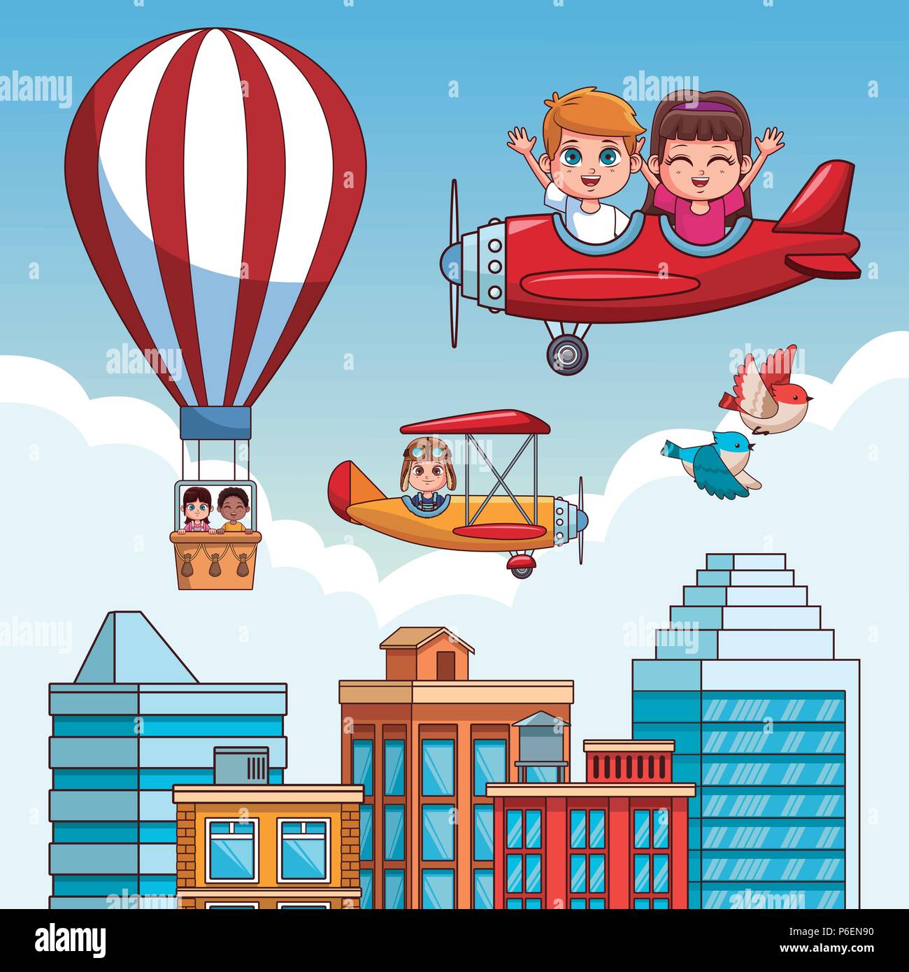 Kids flying over the city cartoons vector illustration graphic design ...