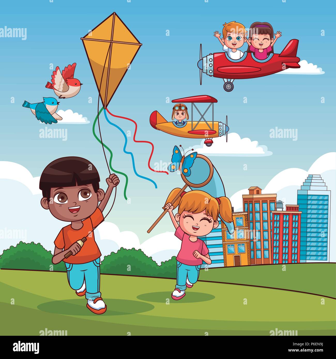 Cute boy flying a kite with friends at park vector illustration graphic ...