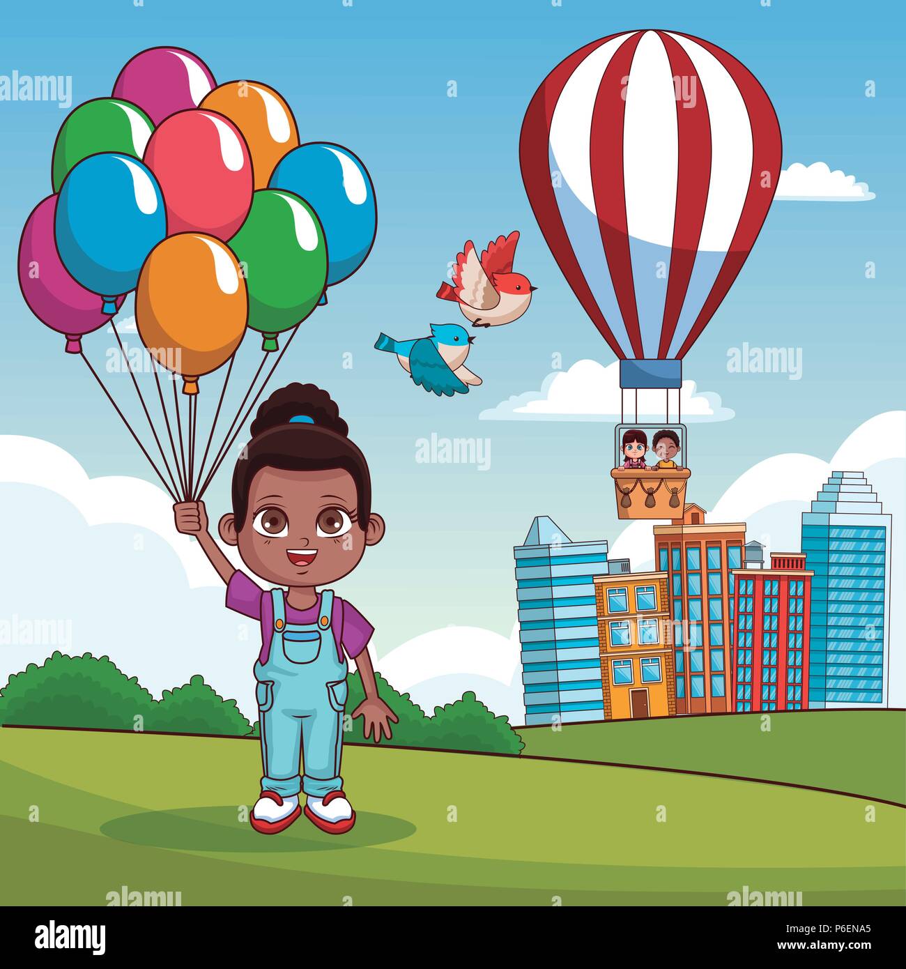 Cute girl with balloons and kids flying on hot air balloon vector ...