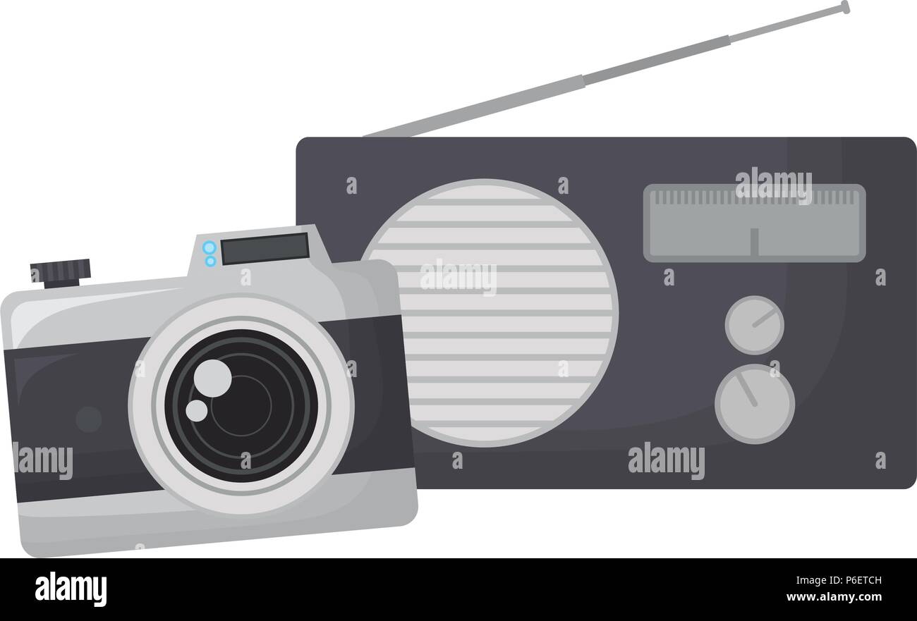 photographic camera and radio over white background, vector ...
