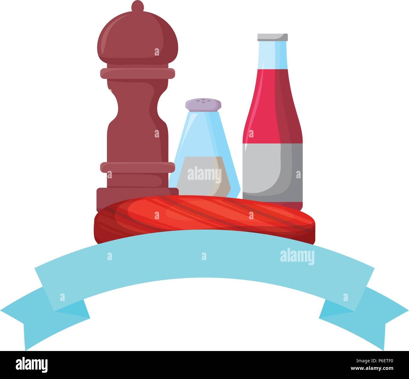 decorative ribbon with steak meat with pepper mill and condiments icon ...
