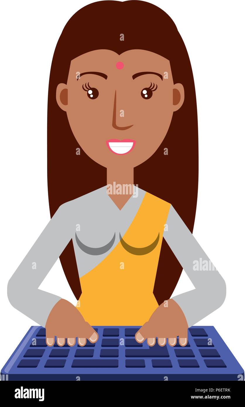 Cartoon woman using a computer keyboard over white background, vector ...