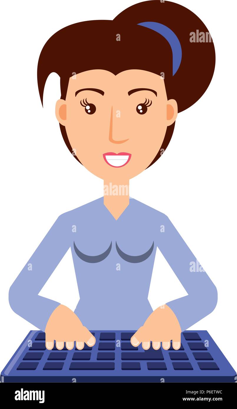 Cartoon woman using a computer keyboard over white background, vector ...