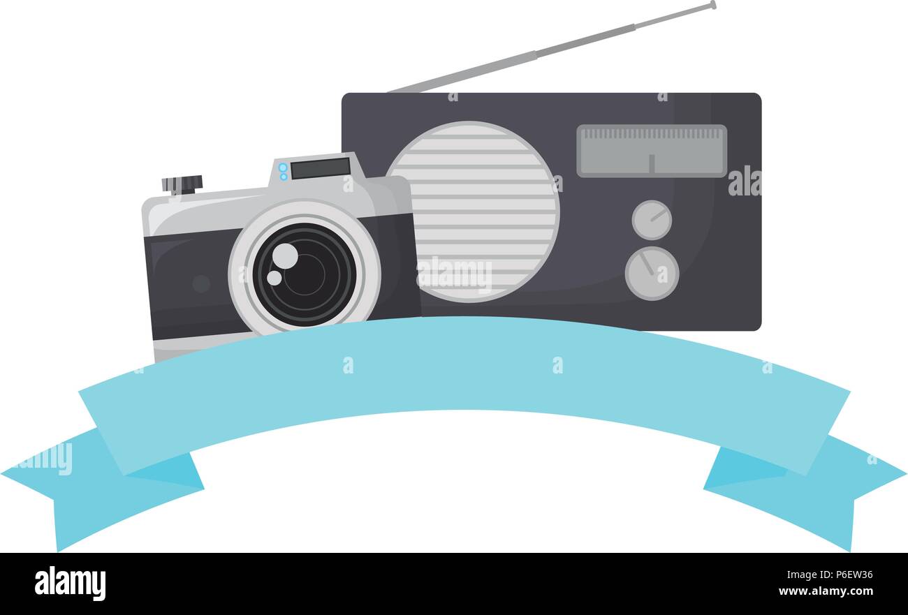 photographic camera and radio over white background, vector ...